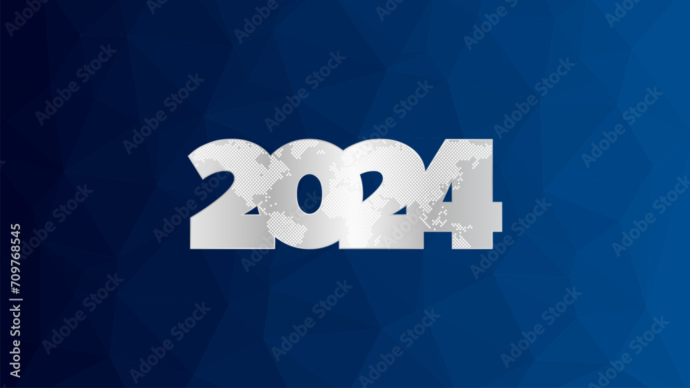 2024 silver symbol with world map contour. Blue low poly background ...