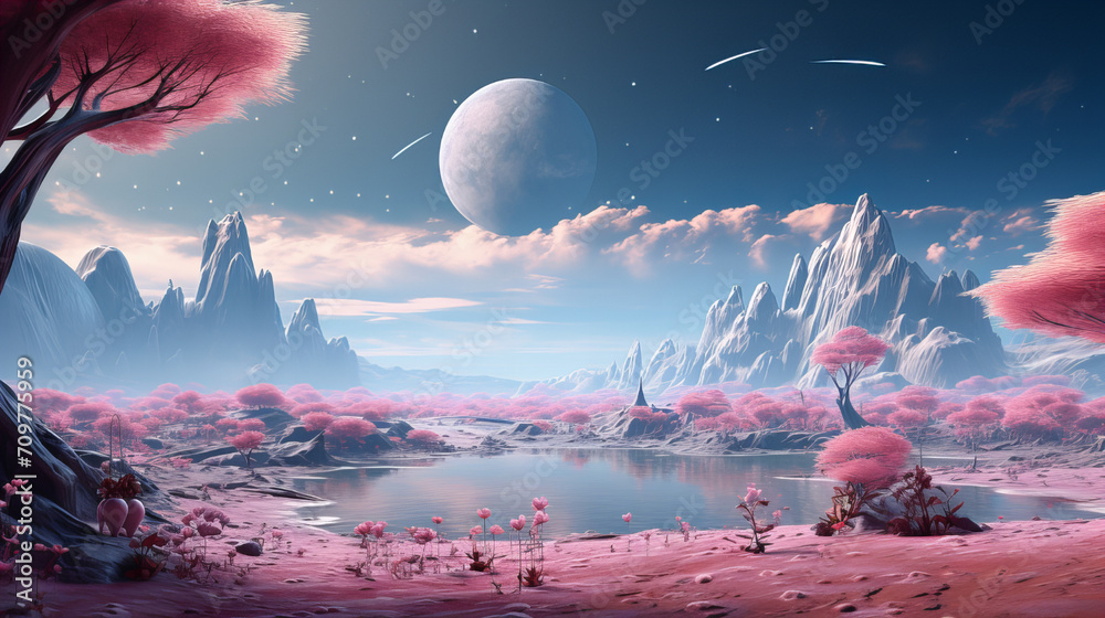 Fantastical Pink World with Majestic Moonscape, breathtaking fantasy ...