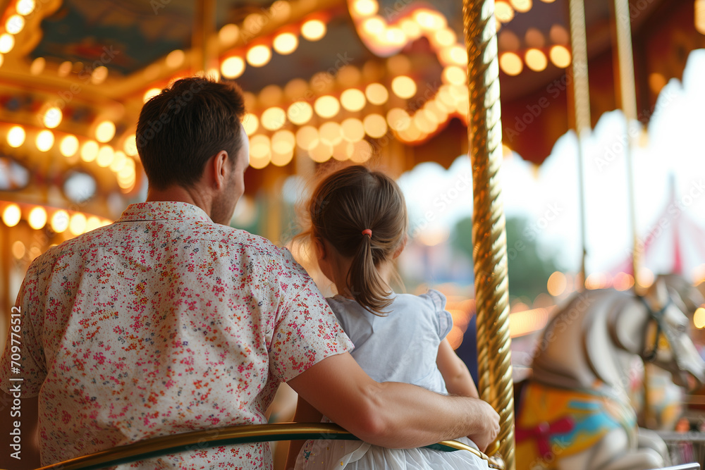 Father and daughter visit an amusement park and ride a merry-go-round ...