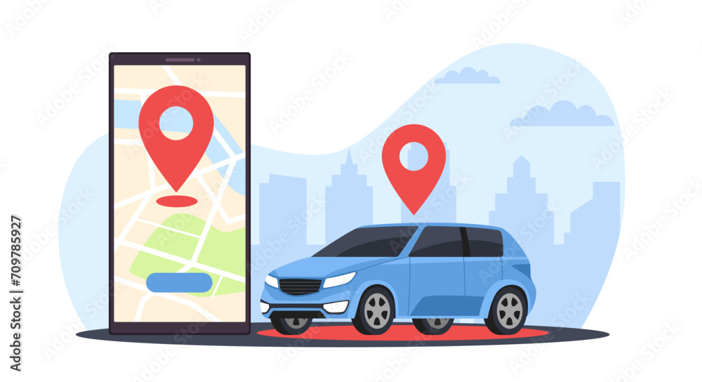 Remote connection to vehicle via mobile app. Smartphone with city map ...
