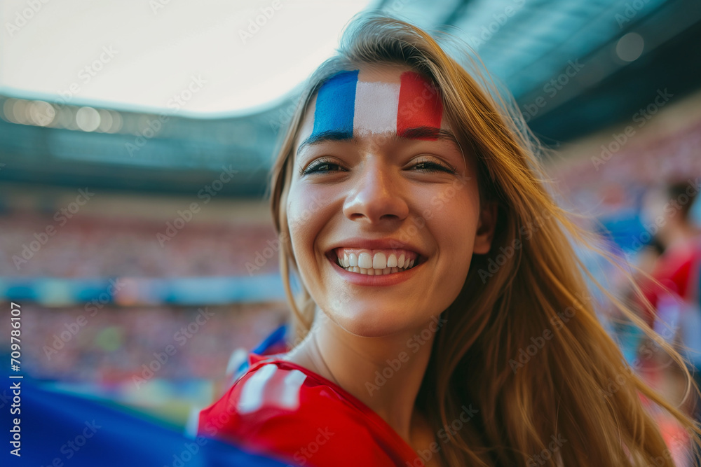 Excited Young French Football Fan Woman Cheering at European Soccer ...