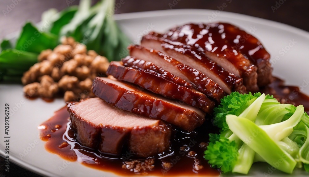 Char Siu Pork, barbecued pork with a glossy, red-hued glaze, sliced and ...