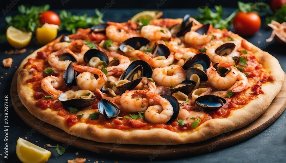 Pizza ai Frutti di Mare, a seafood pizza topped with shrimp, mussels ...