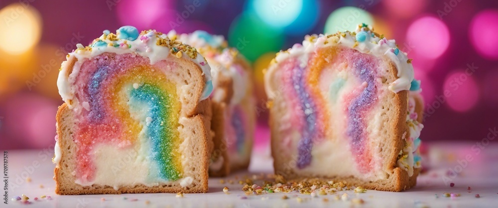 Unicorn Toast, toast with cream cheese dyed in pastel rainbow colors ...