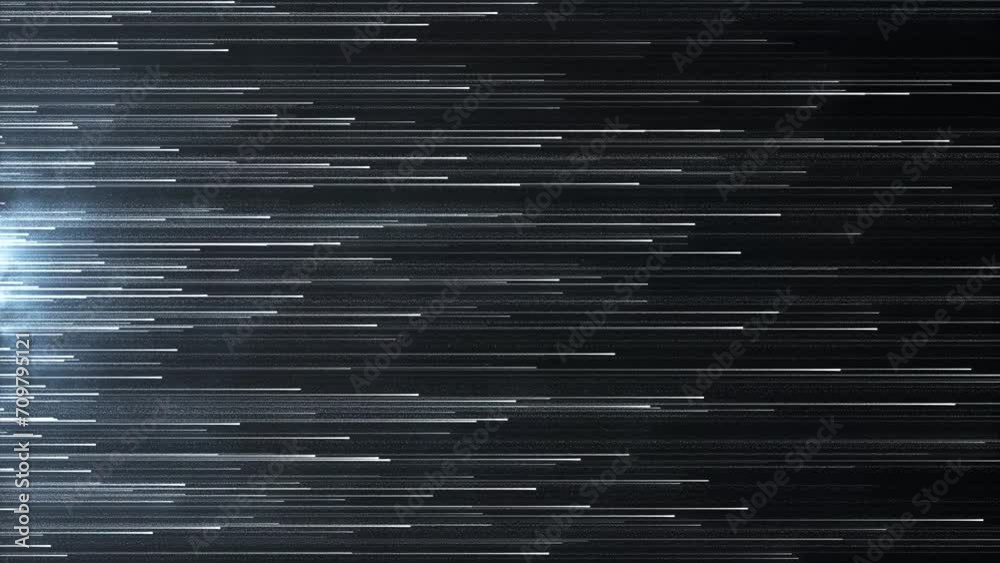 Black and white animation of bright particles flying horizontally ...