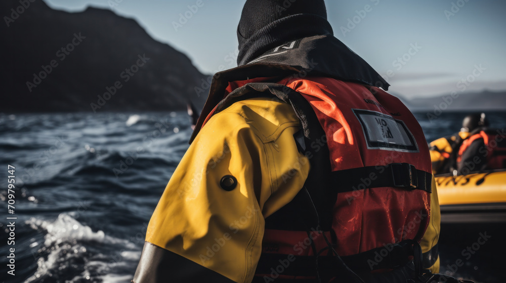 Coast guard Officer in a stormy sea. Rescue operation in ocean using ...