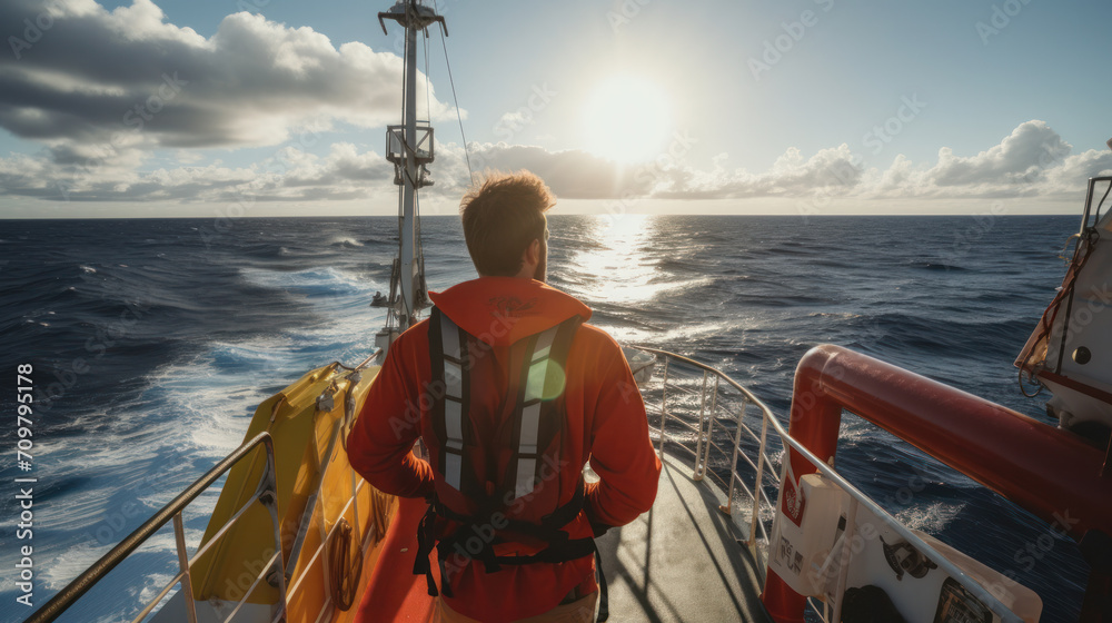 Coast guard Officer in a stormy sea. Rescue operation in ocean using ...