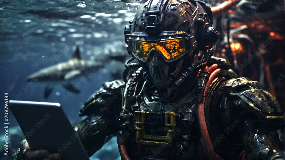 cyborg soldier fighting in underwater in ocean zone using weapon ...