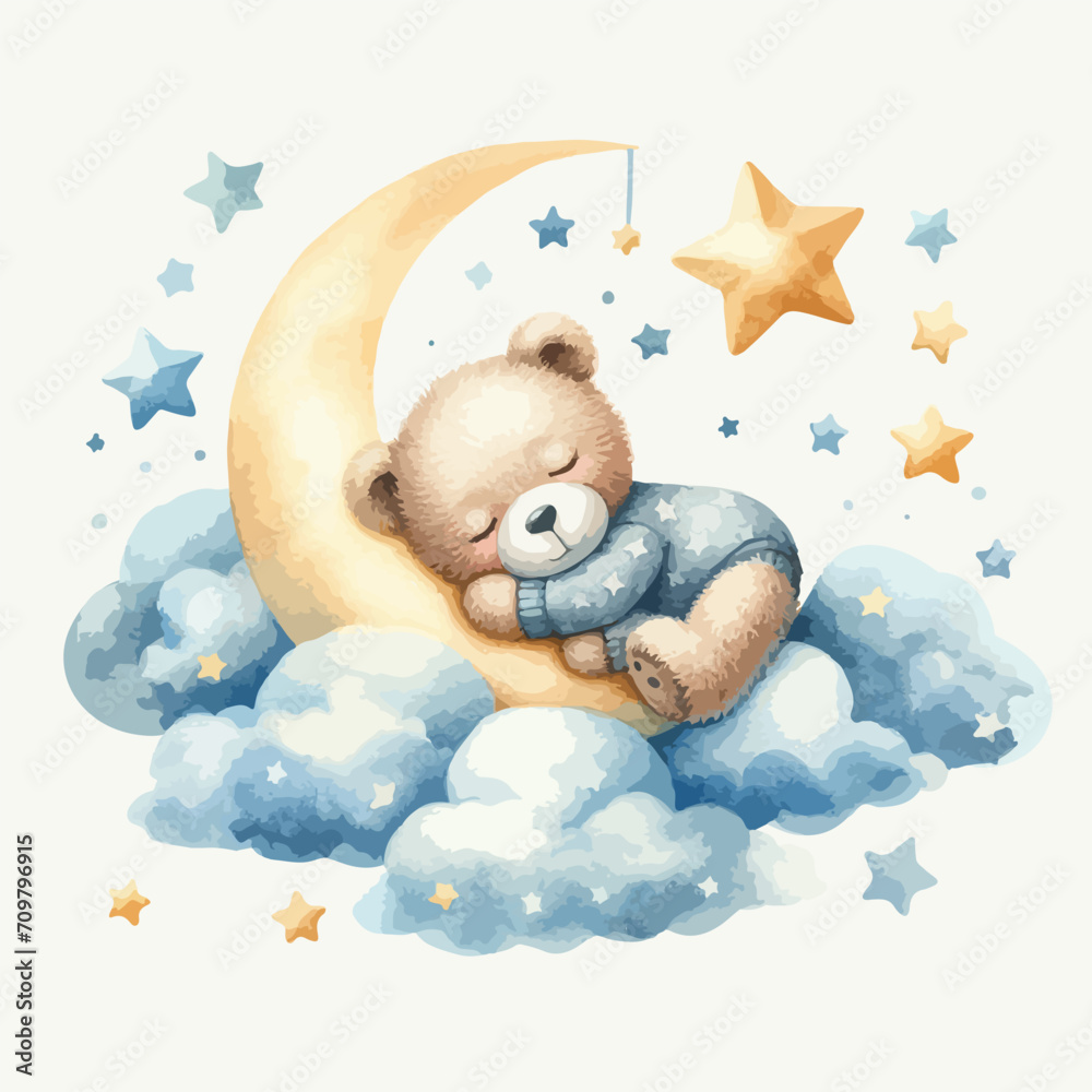 Cute baby teddy bear sleeping on the cloud around moon and stars. Stock ...