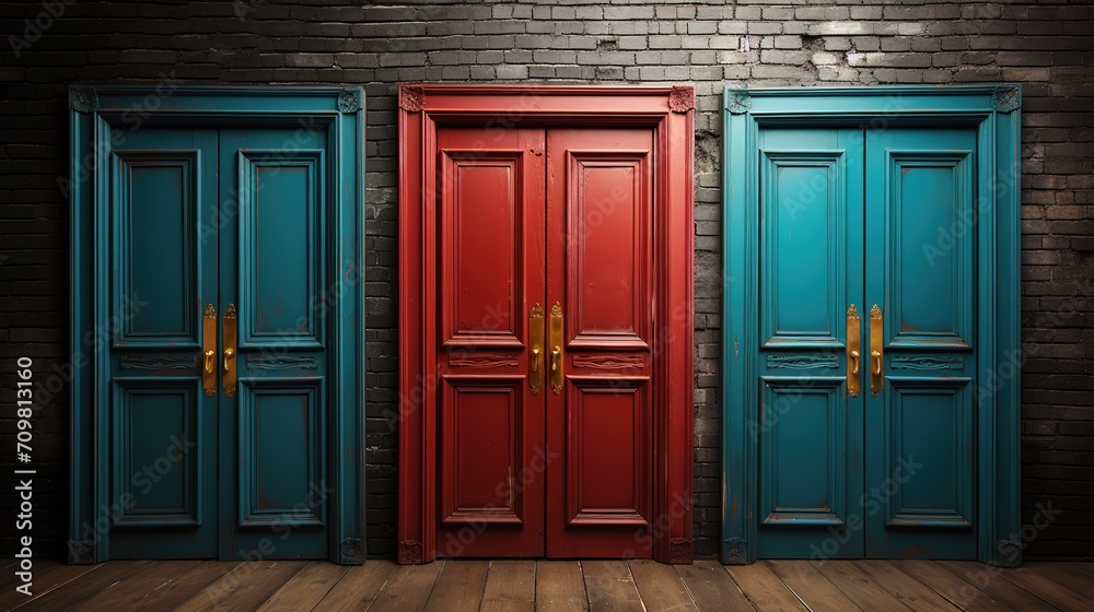 Three doors with empty wall. Three colourful doors on isolated light ...