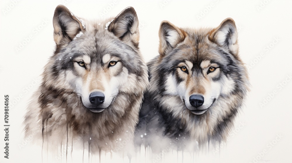 two majestic wolves, their keen eyes gazing into the distance, set ...