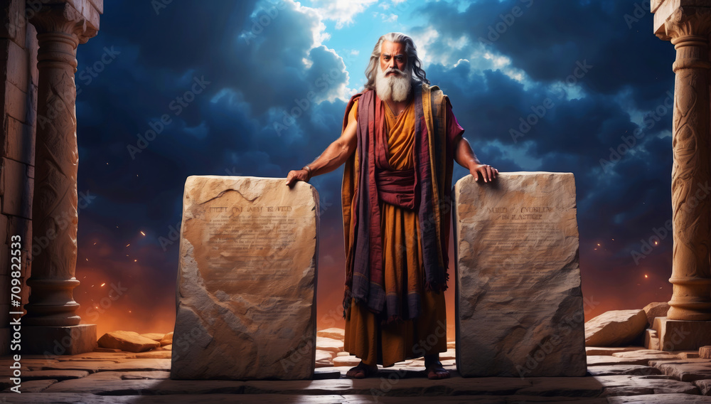 Moses shows the stone tablets with the Ten Commandments on them Stock ...