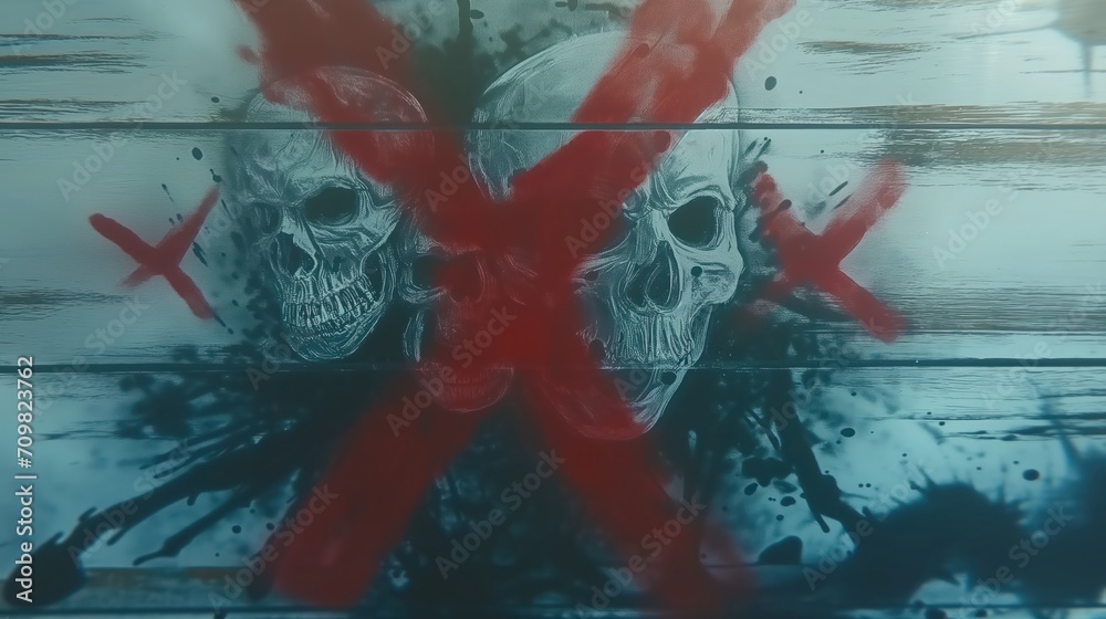 Disease X. Crossed out skull. A graffiti during a pandemic of unknown ...