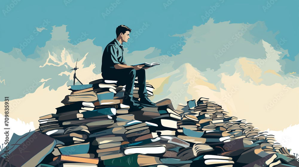 Knowledge Is The Path To Success. The man on top of a mountain of books ...