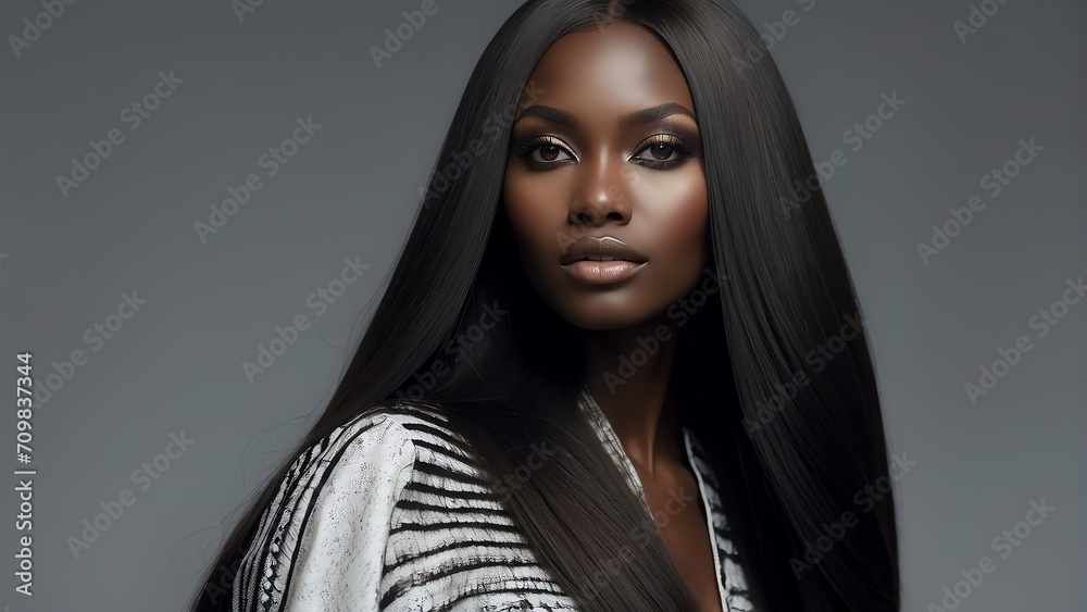 Beautiful fashion black african model girl with black voluminous long ...
