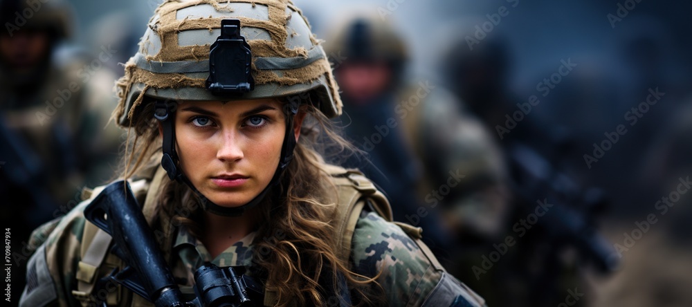 Dramatic Portrait of a Female Soldier in War closeup. Military dramatic ...