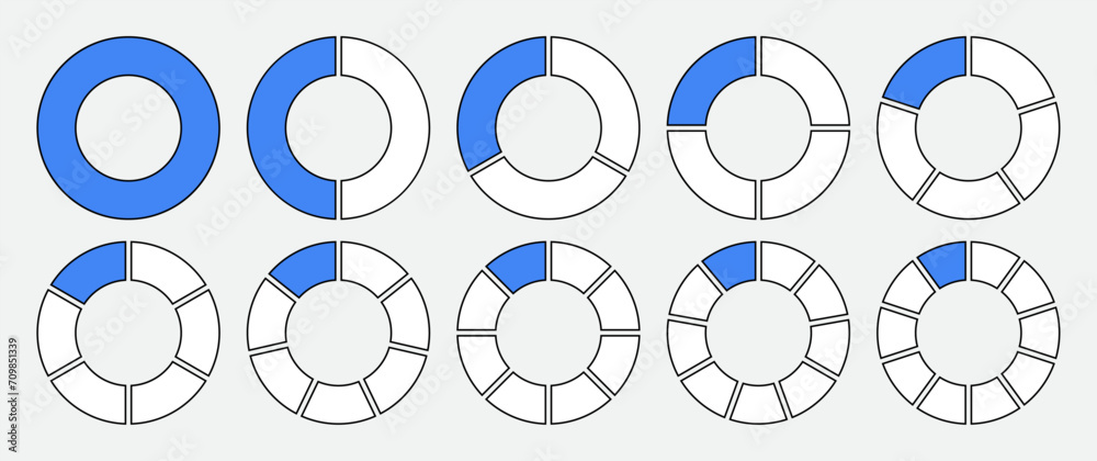 Vetor de Hollow circle divided into 1-10 parts icon set in blue and ...