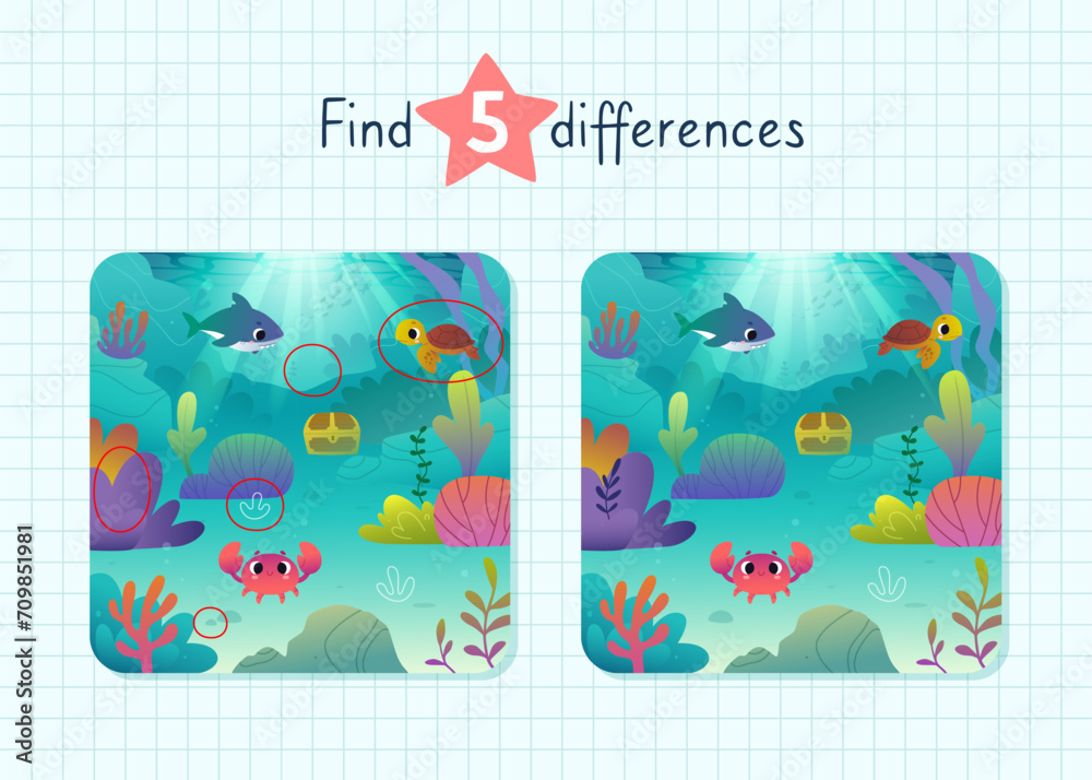 Cartoon mini game for kids with underwater animals. Find differences ...