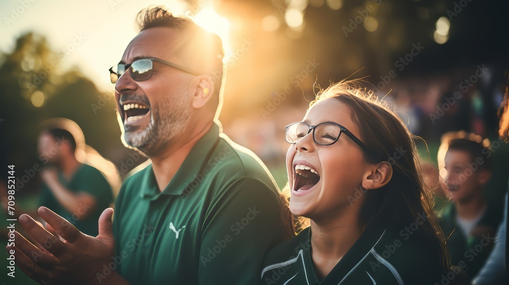 Parents and kids watching youth sports game, in the crowd at stadium ...