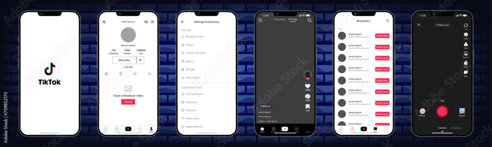 Tiktok. Tik tok mobile App interface template on Apple Iphone mockup. Mockup page template ...