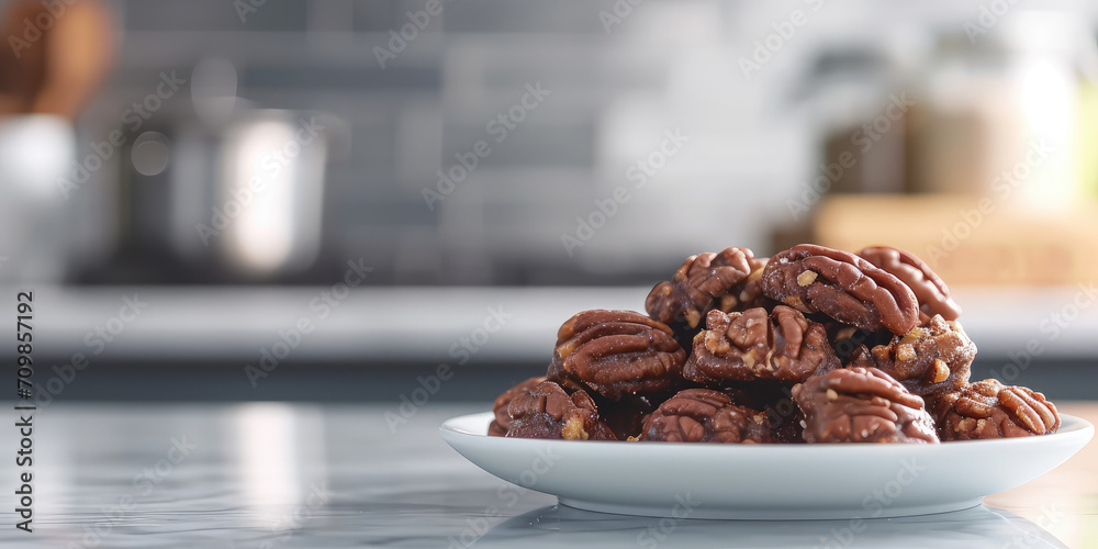 Chocolate Pecan Pralines in a plate. Gourmet pecan pralines coated in ...