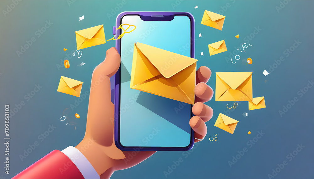 3D Hand holding phone with mail messages. Send letters in envelopes ...