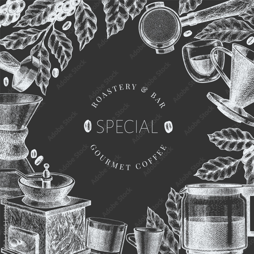 Alternative Coffee Makers Chalk Board Illustration. Vector Hand Drawn ...