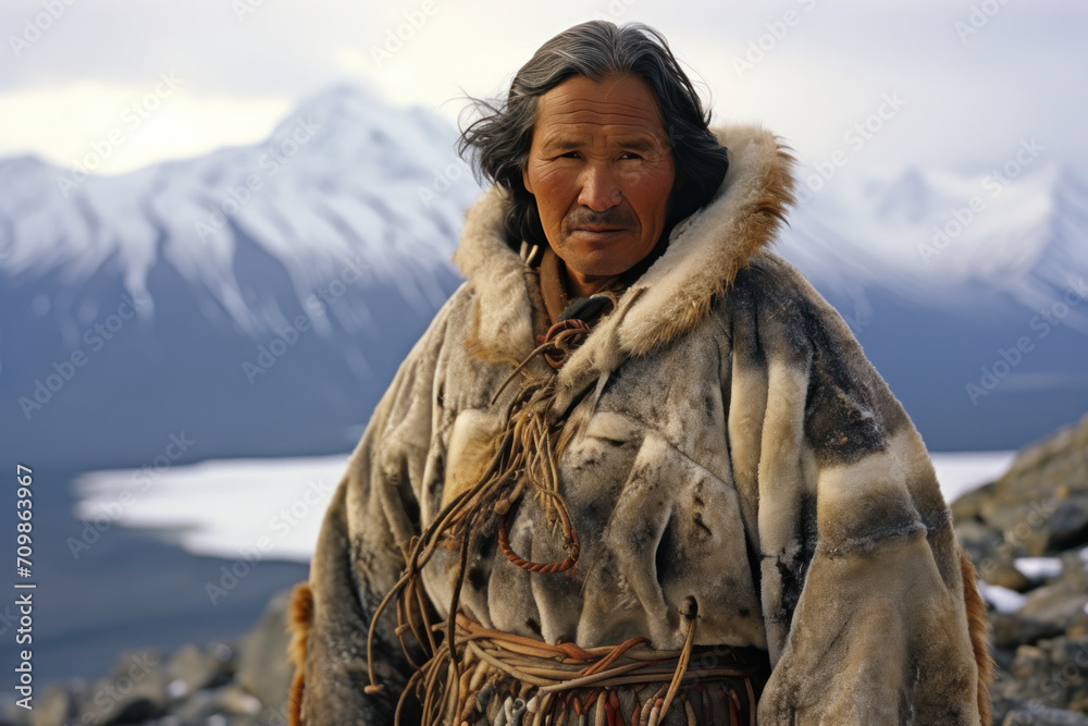 Inuit elder man with traditional fur clothing in Alaska Stock Photo ...