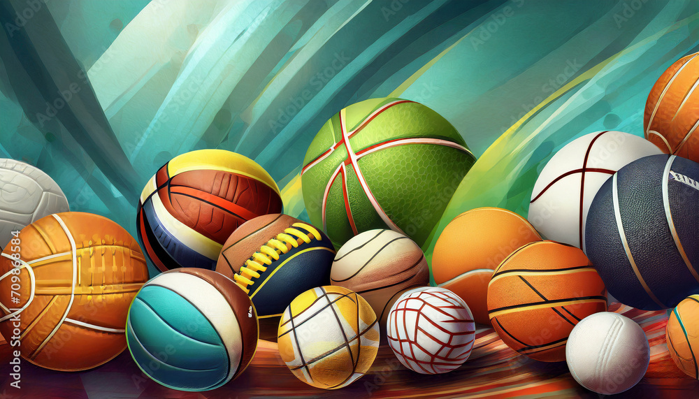 Abstract background with different types of sport balls used in the ...
