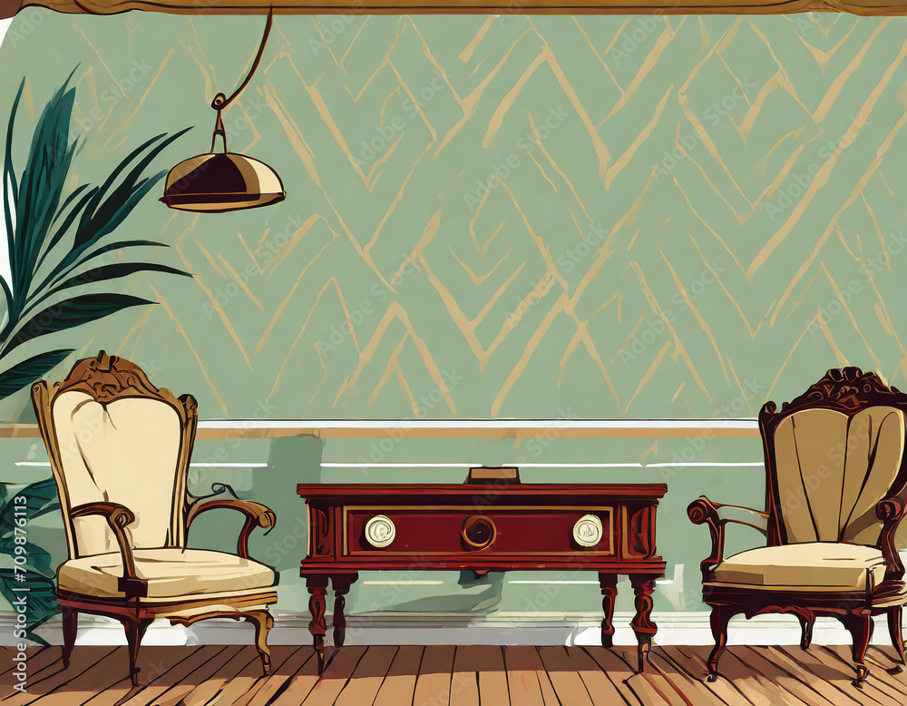 Retro-themed living room design with nostalgic seating and a vintage ...