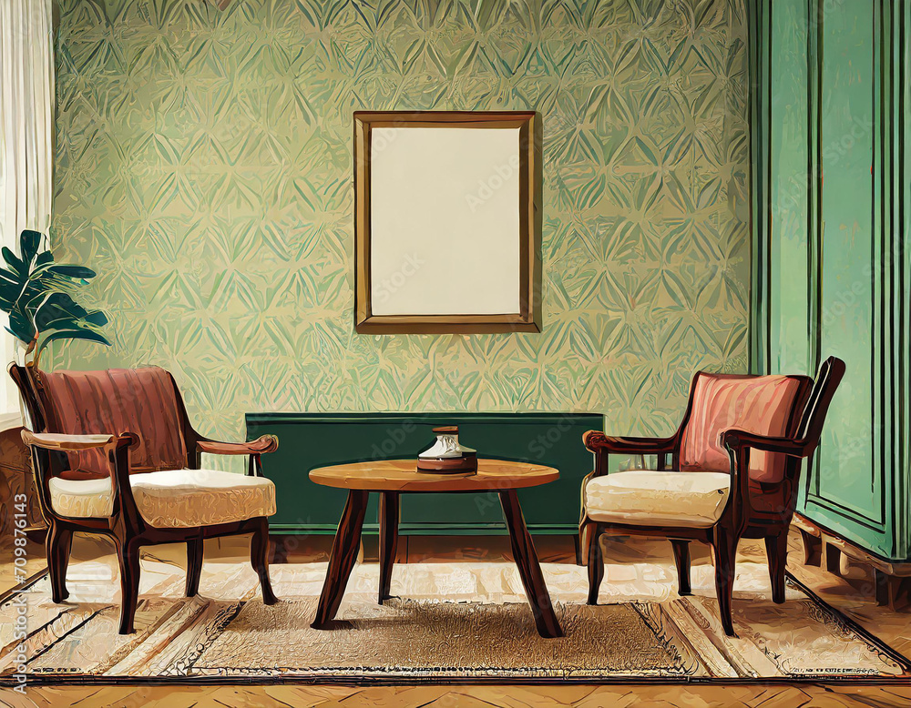 Retro-themed living room design with nostalgic seating and a vintage ...