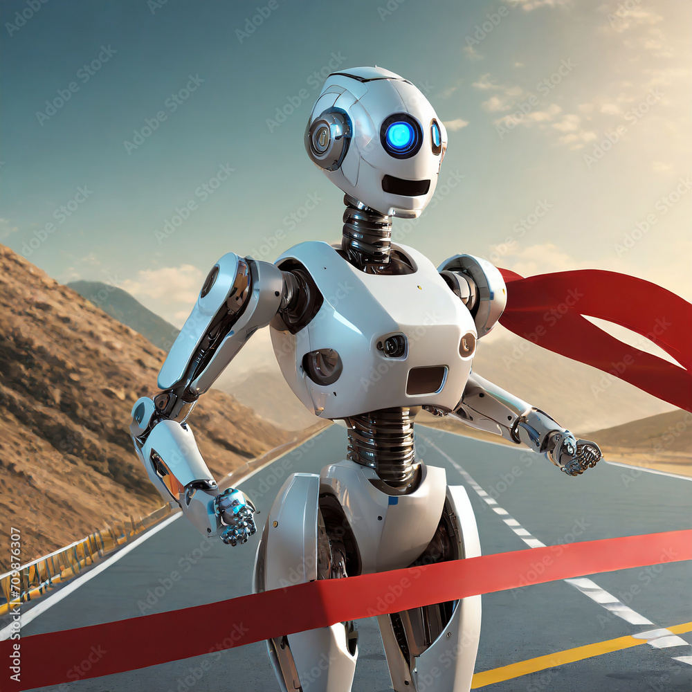Robot crosses the finish line, finishing red ribbon. Concept of ...