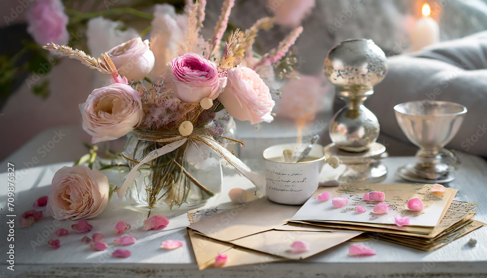 Romantic still life with love letters. Soft pinks, sentimental details ...