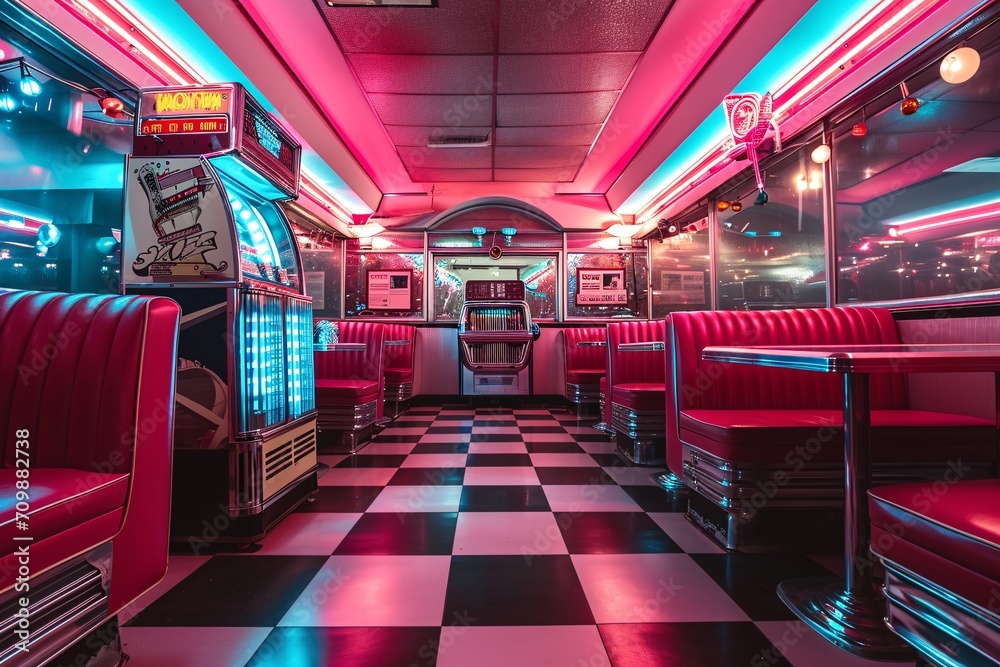 Retro Diner Booth with Neon Lights Vintage Americana Inspired Setting ...