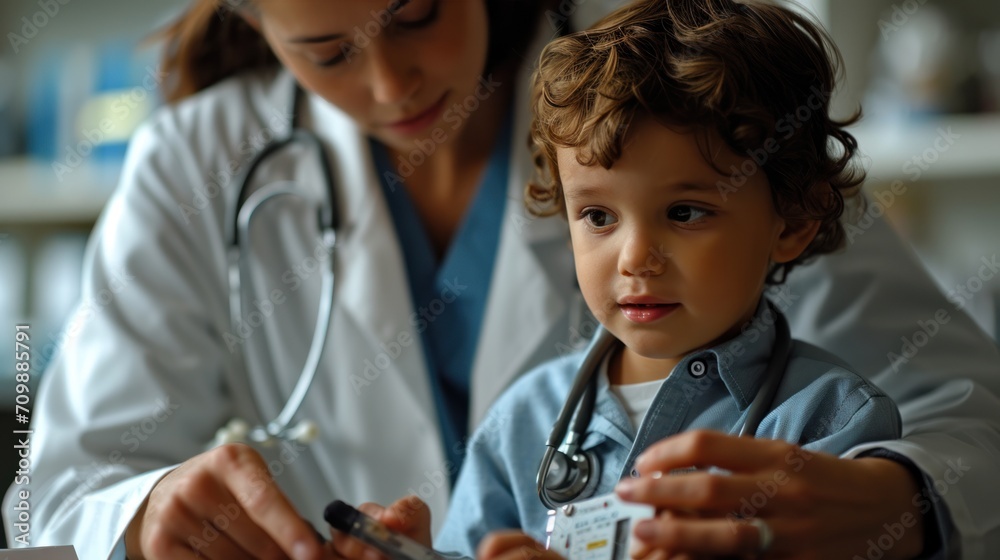 A doctor adjusting an ECG heart monitor for a child to check his heart ...