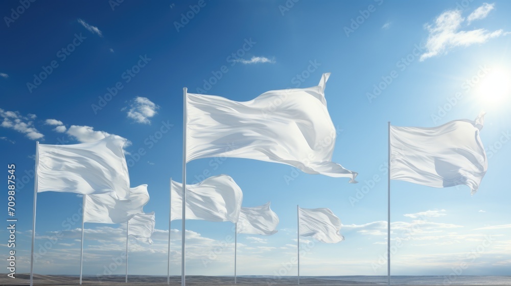 Mockup of white flags against a blue sky background. A mockup of a ...