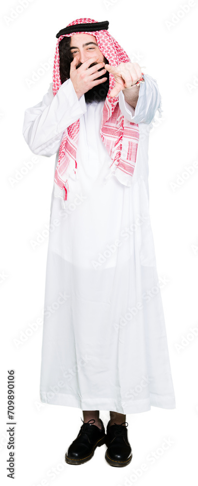 Arabian business man with long hair wearing traditional keffiyeh scarf ...