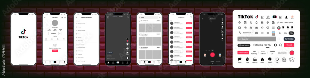 Tik Tok design. Set Tik Tok screen social media and social network ...