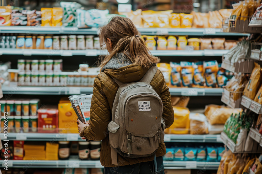 Fotografía de una persona leyendo etiquetas de productos en un supermercado, alimentación ...