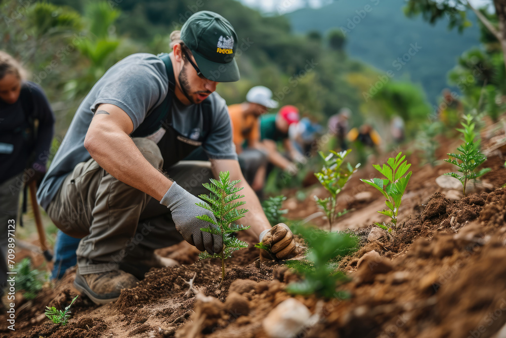 Fotografía de voluntarios plantando árboles en zonas deforestadas para ...