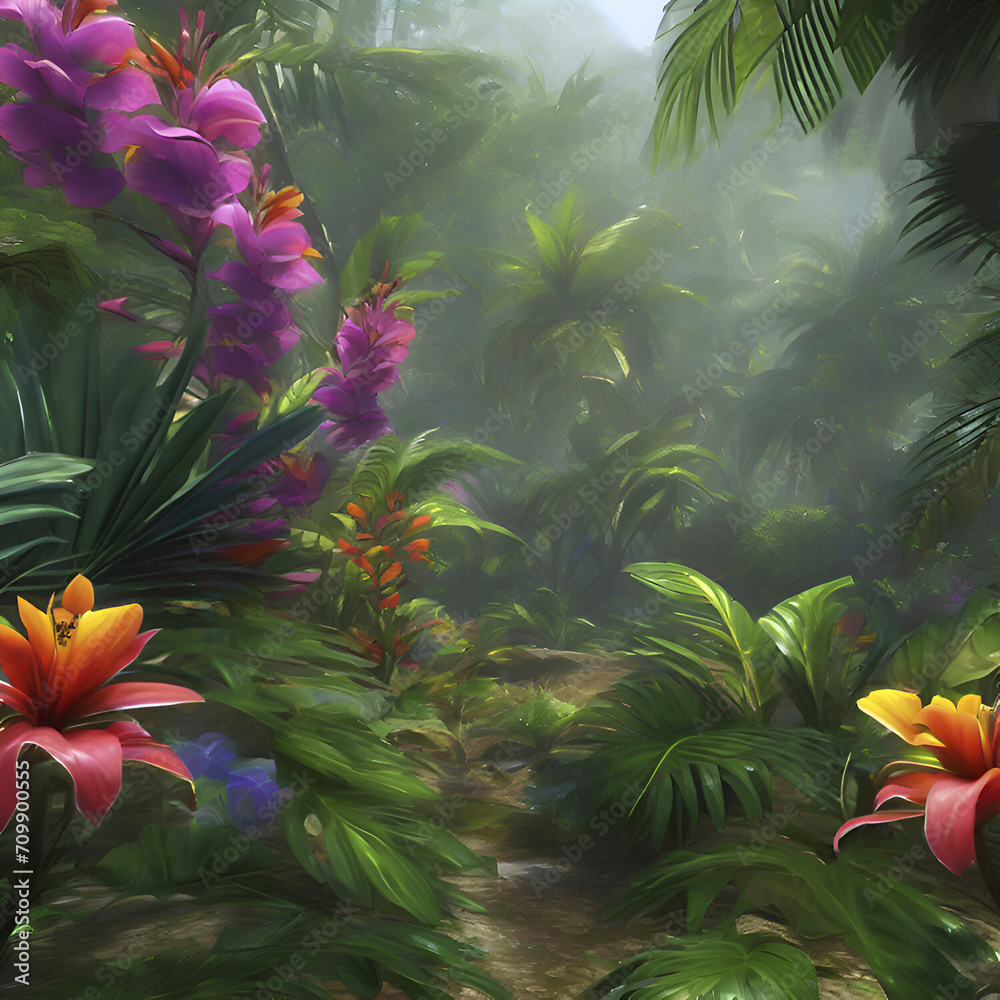 Tropical rainforests with colorful flowers in the morning. In ...