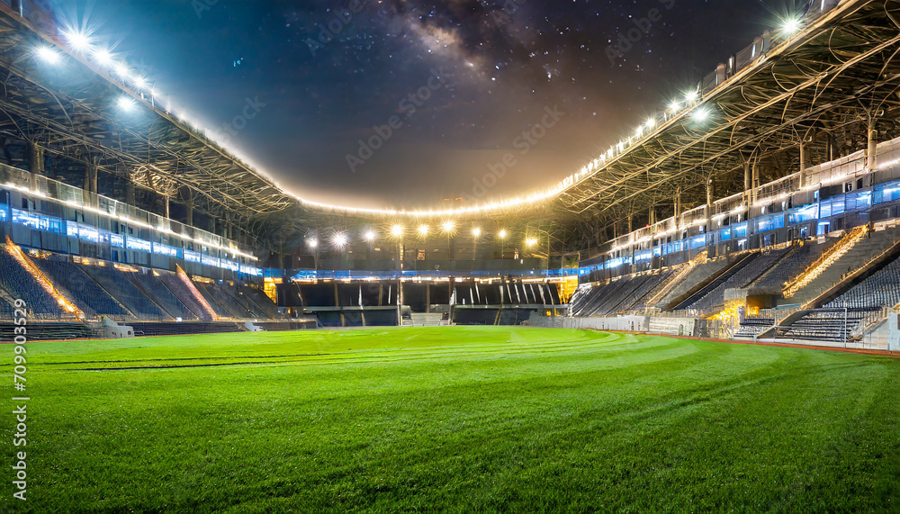 universal grass stadium illuminated by spotlights and empty green grass ...