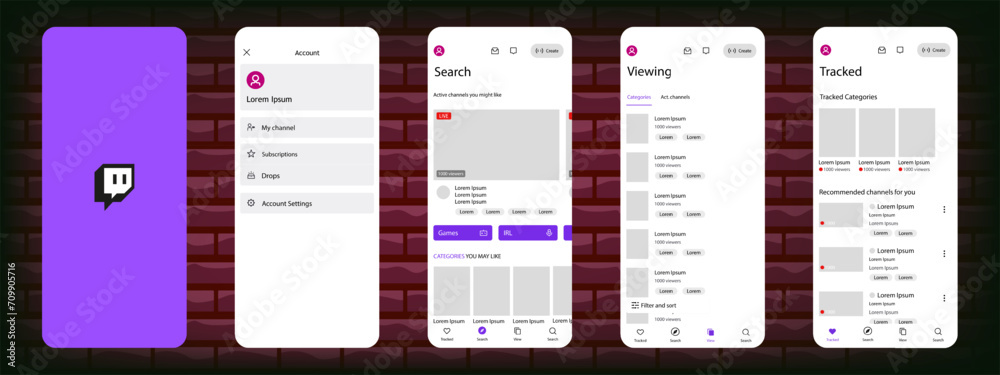 Twitch mobile interface. Twitch screen social media, streaming platform ...