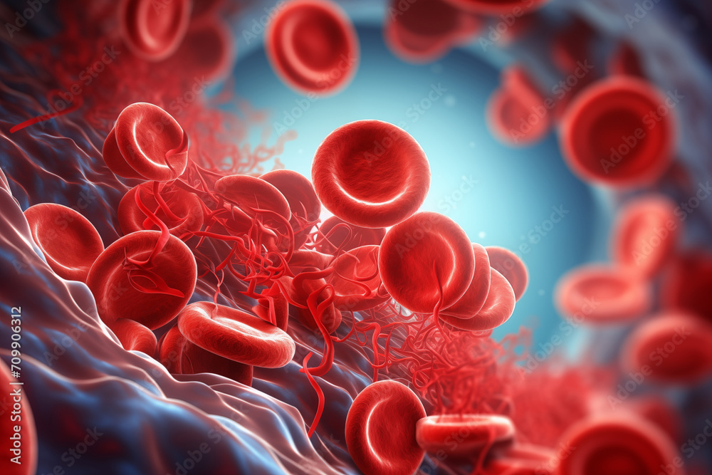 Abstract background of artery inside red blood hemoglobin molecule ...