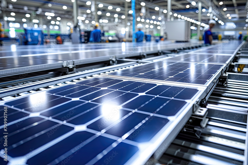 Photograph of a solar panel production line, featuring detailed shots of automated assembly ...