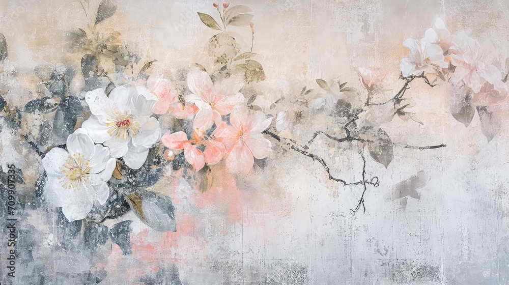 Floral background of soft pink flowers. Botanical line art wallpaper ...