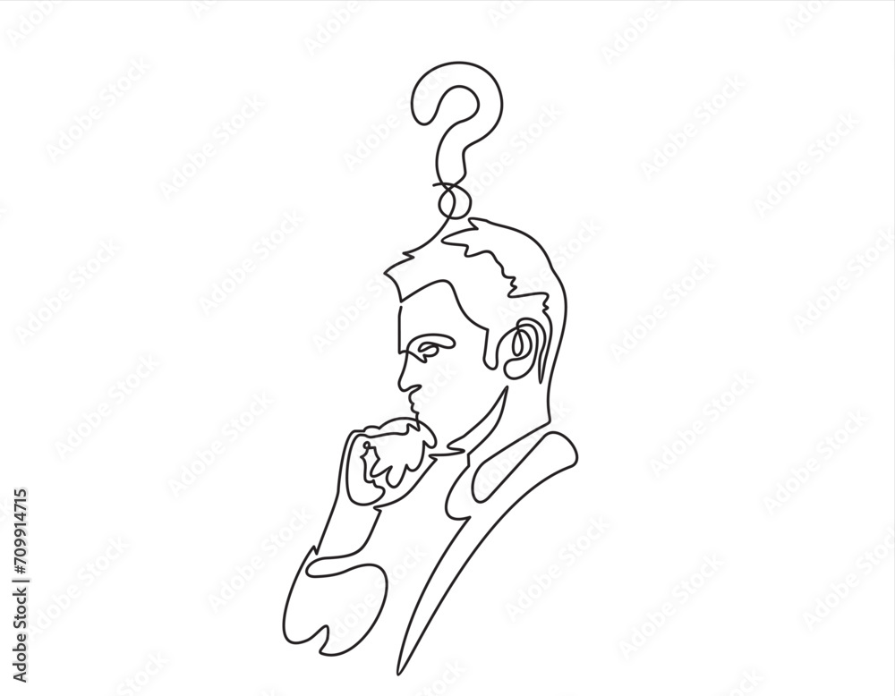 Continuous line drawing of man with question mark. Thinking linear ...