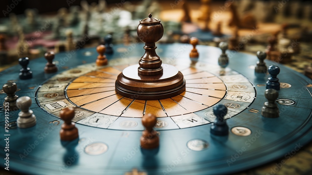 Complex board game setup with various pieces strategizing a winning ...