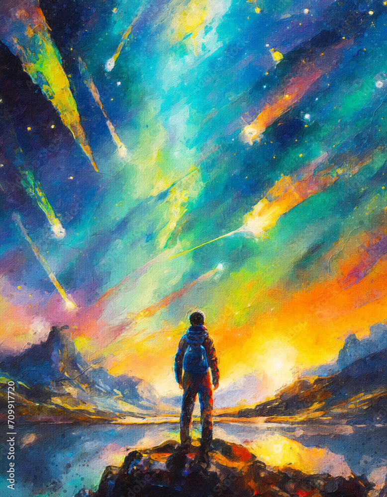 Human silhouette on another planet in space looking up to the aurora ...