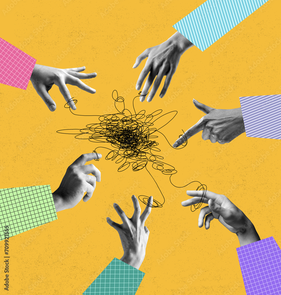 Human hands pointing at tangled drawn piece symbolizing work on ...